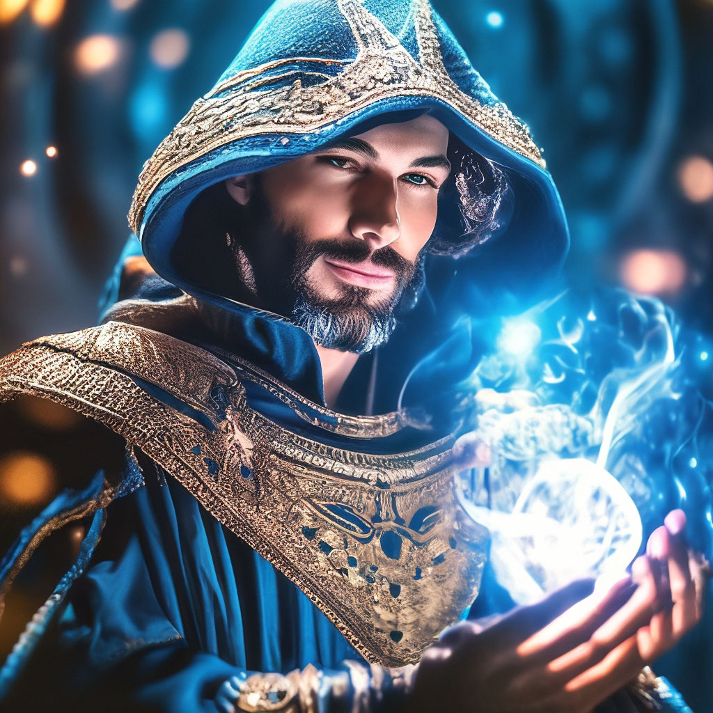 "A magical world. light magician, man, kind, hyperrealism, professional ...