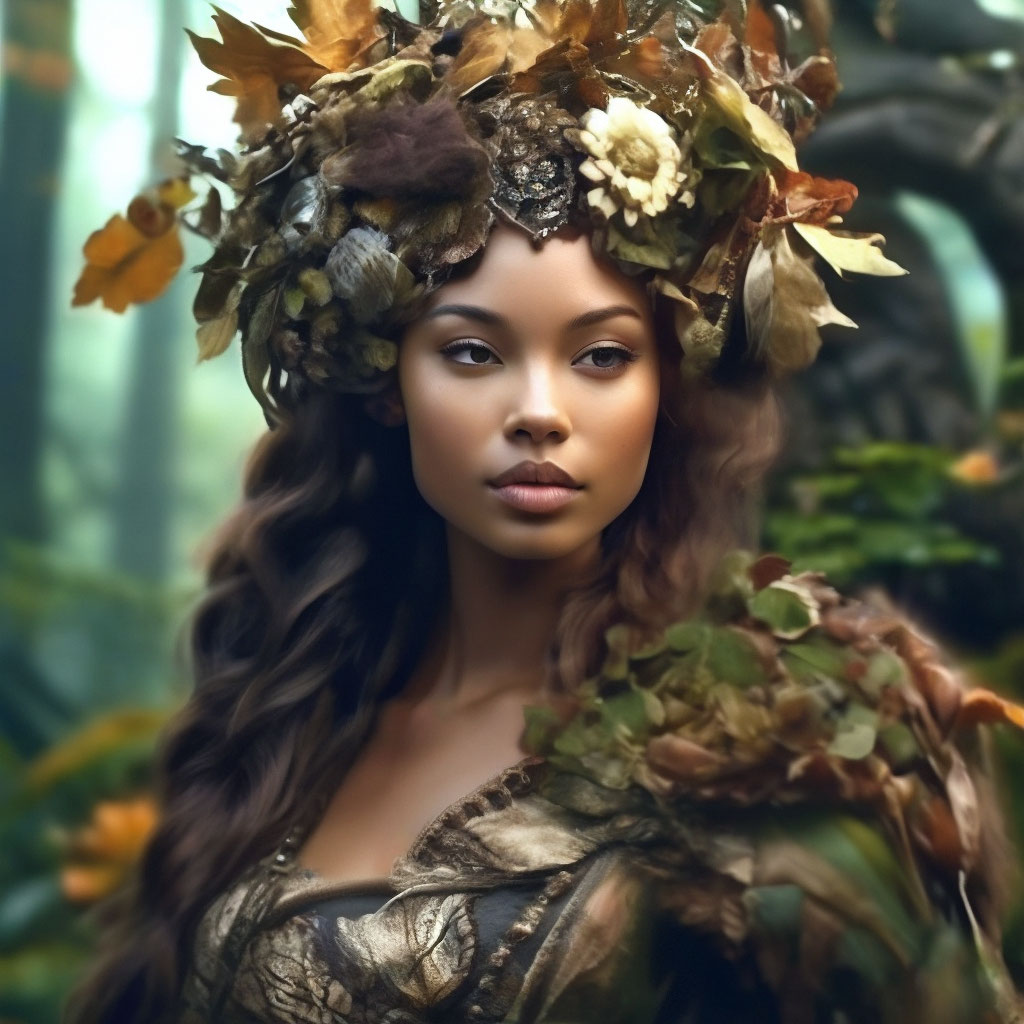 "Forest goddess in animal skins, leaves and flowers are woven into ...
