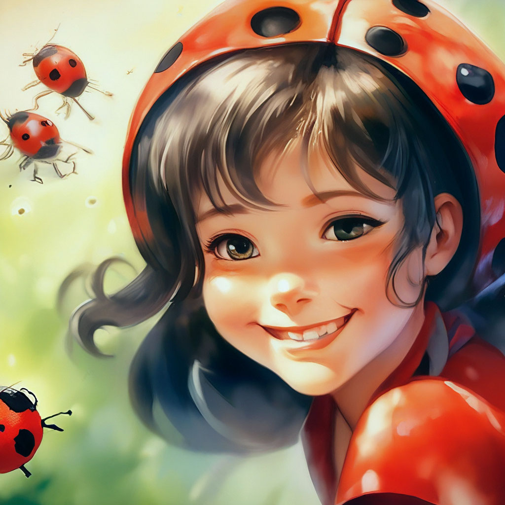 "Cute girl in the form of a ladybug, radiance, eye focus, smile ...