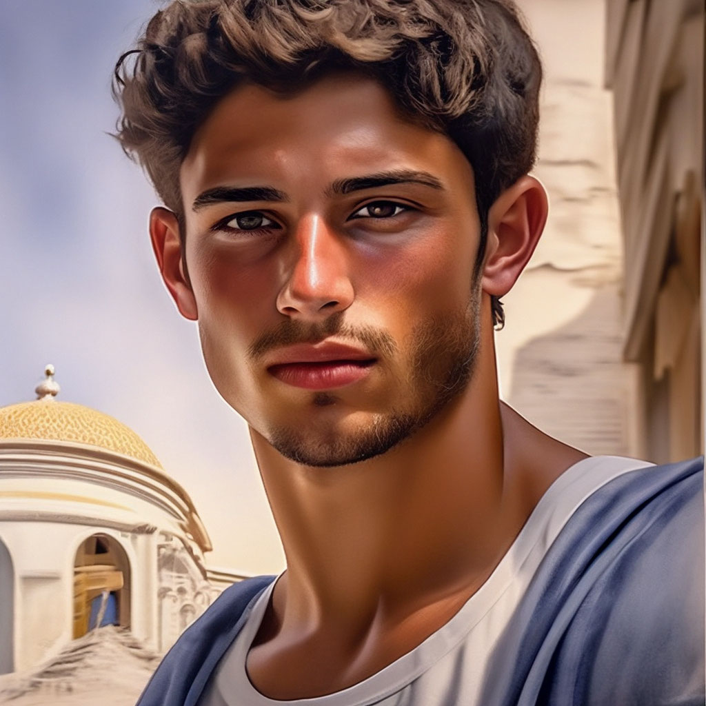 "Greek young man Detailed drawing, watercolor, hyperrealism ...