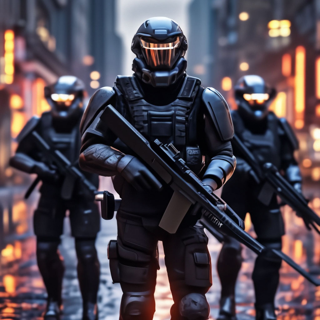 "Special forces and riot police in the evening 3D" — image created in ...