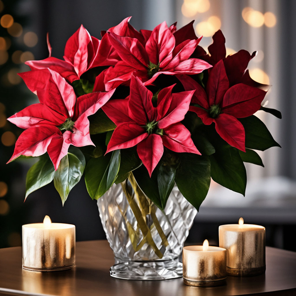"A large bouquet of beautiful poisentia in a crystal luxury vase ...