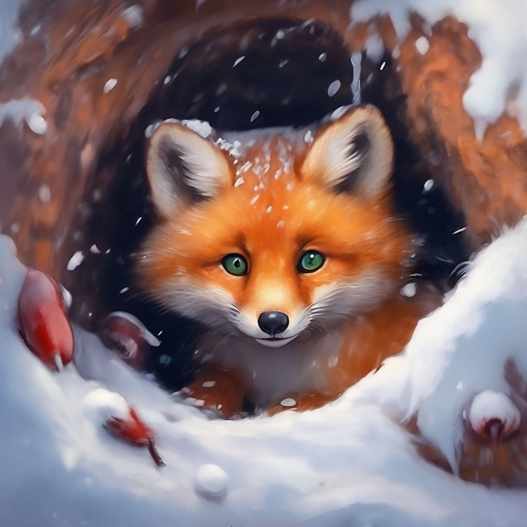 "Фыр фыр! Funny little fiery fox cub in a snow-covered hole. Red nose ...