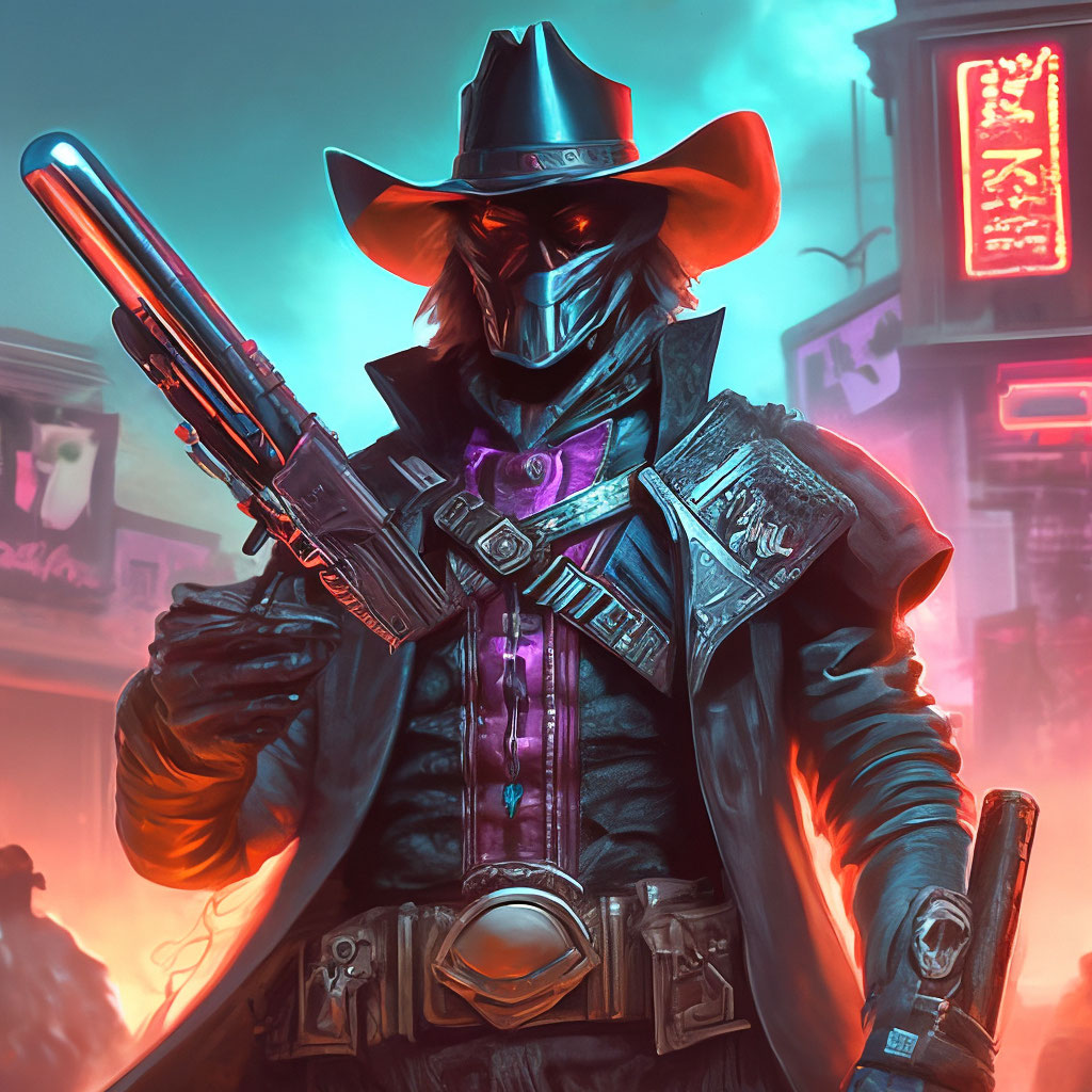 "Cyberpunk wild west sheriff with huge revolver" — image created in ...