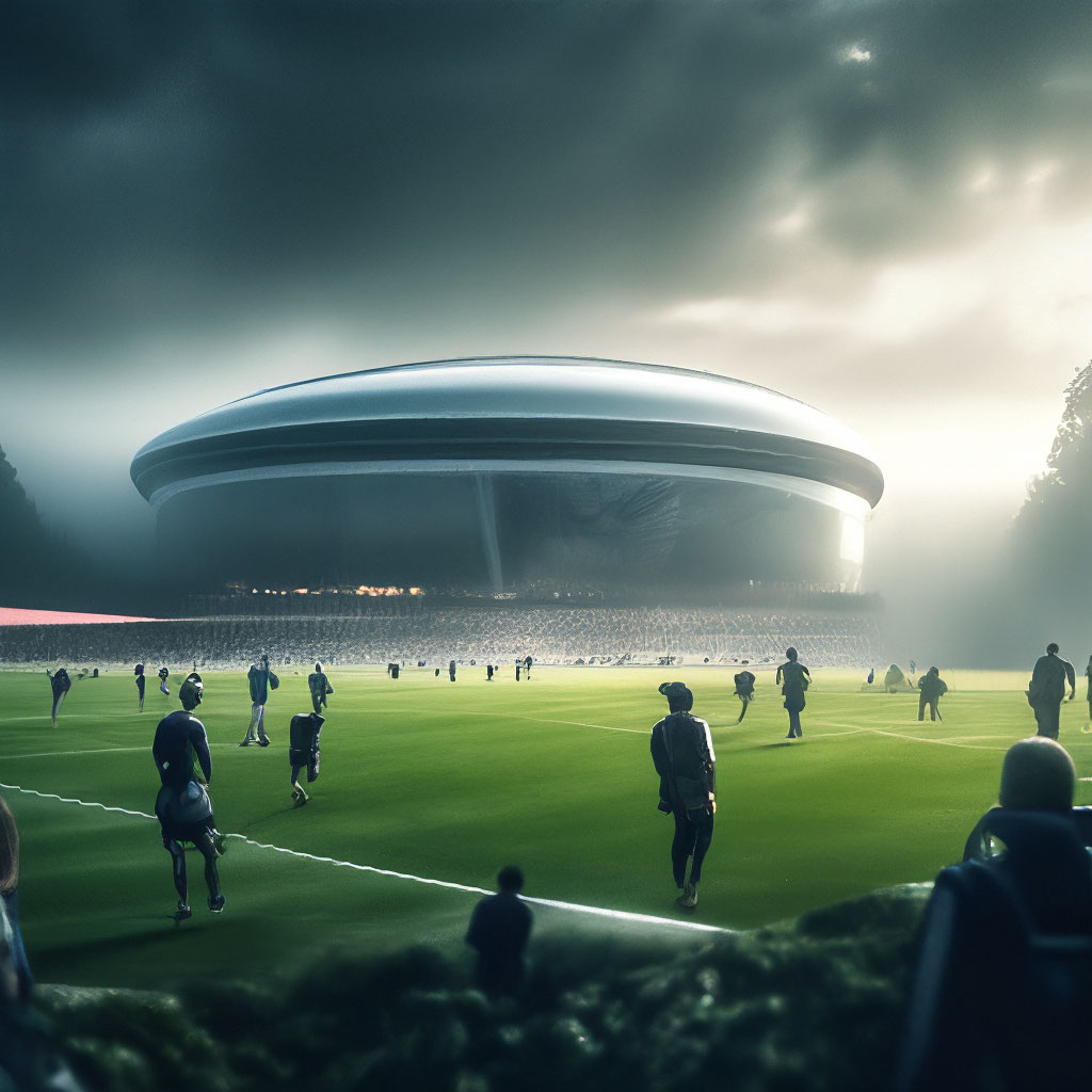 "Football of the future, huge football field , players on the field ...