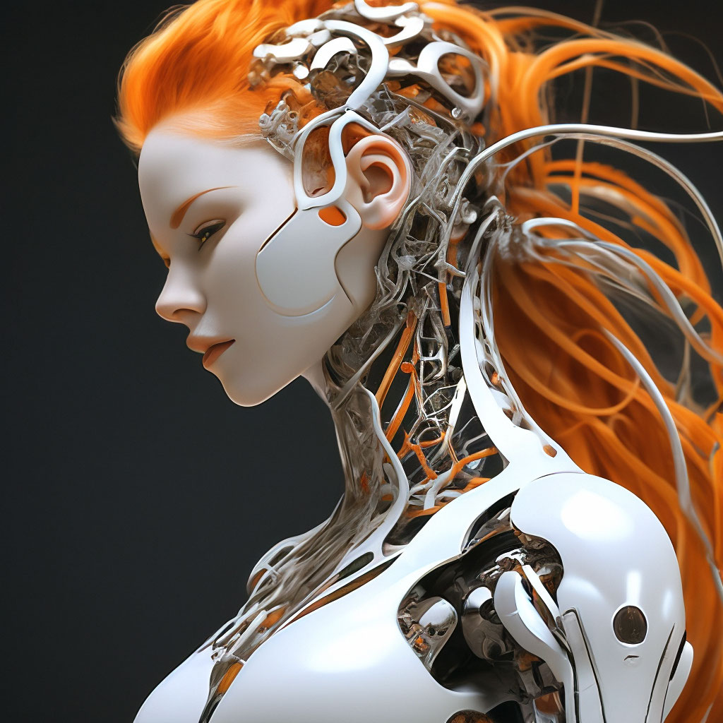 "Female body Biomechanical Full Height Focus on the face Steel hair ...