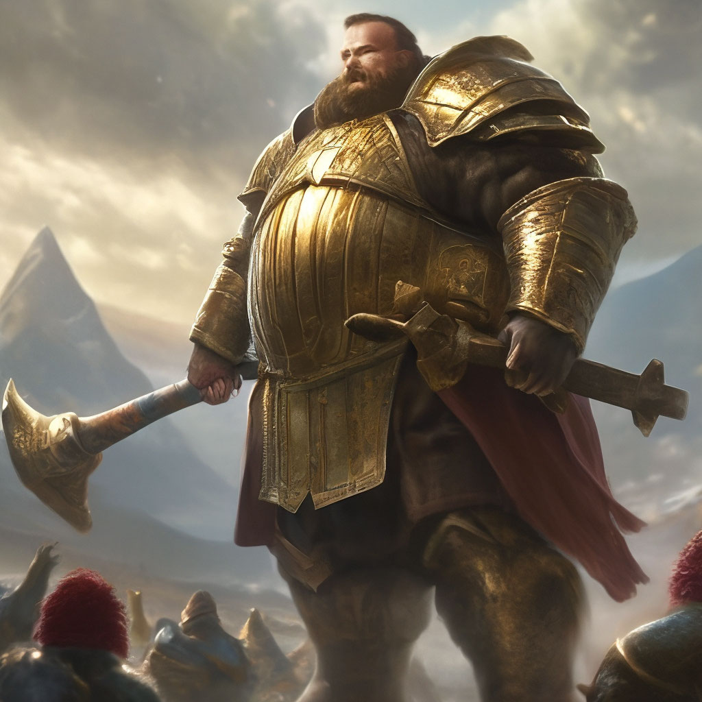 "An incredibly fat man in heavy armor brandishes a mace on the ...