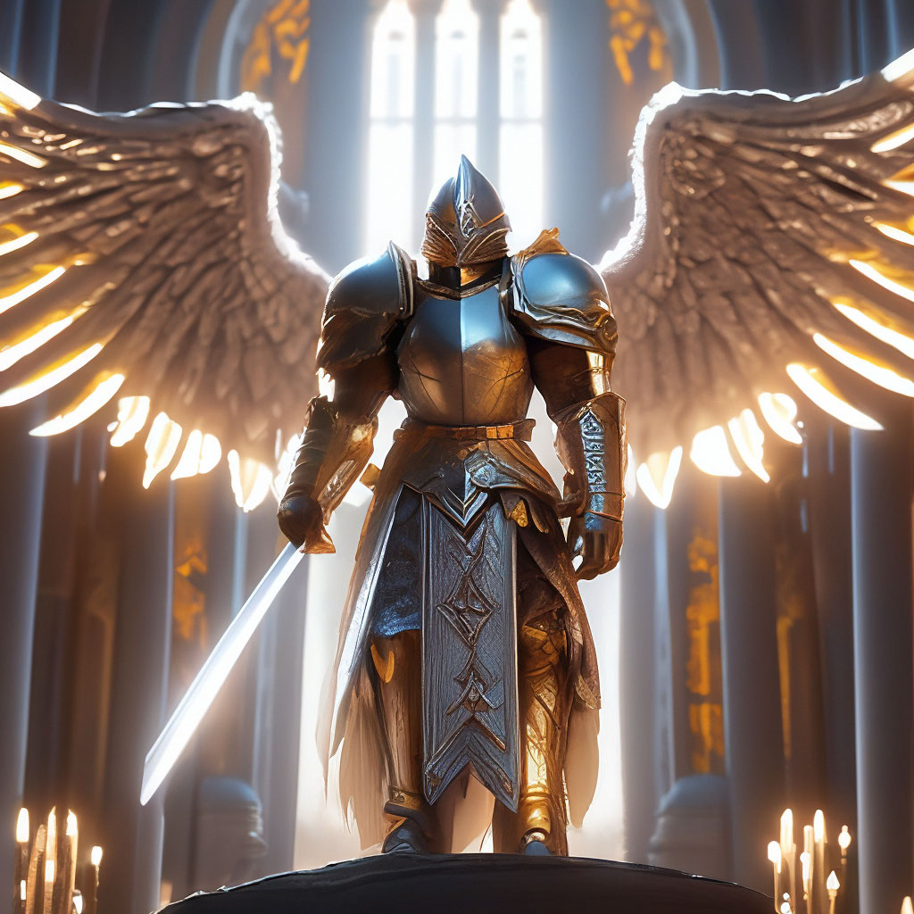 "Paladin with hammer and wings on his back, light, monastery, divine ...