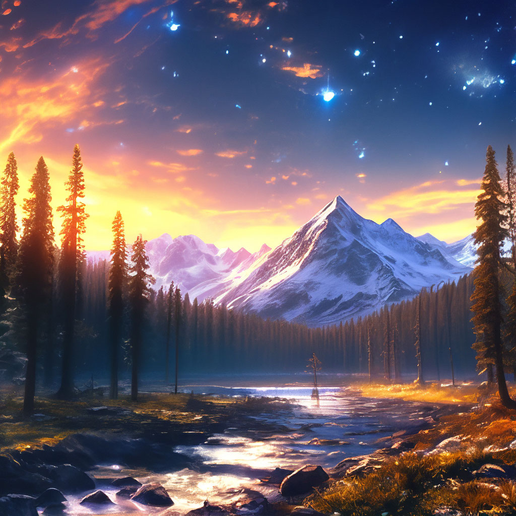"Fascinating landscape,taiga,mountains, taiga forest, sunset, stars ...