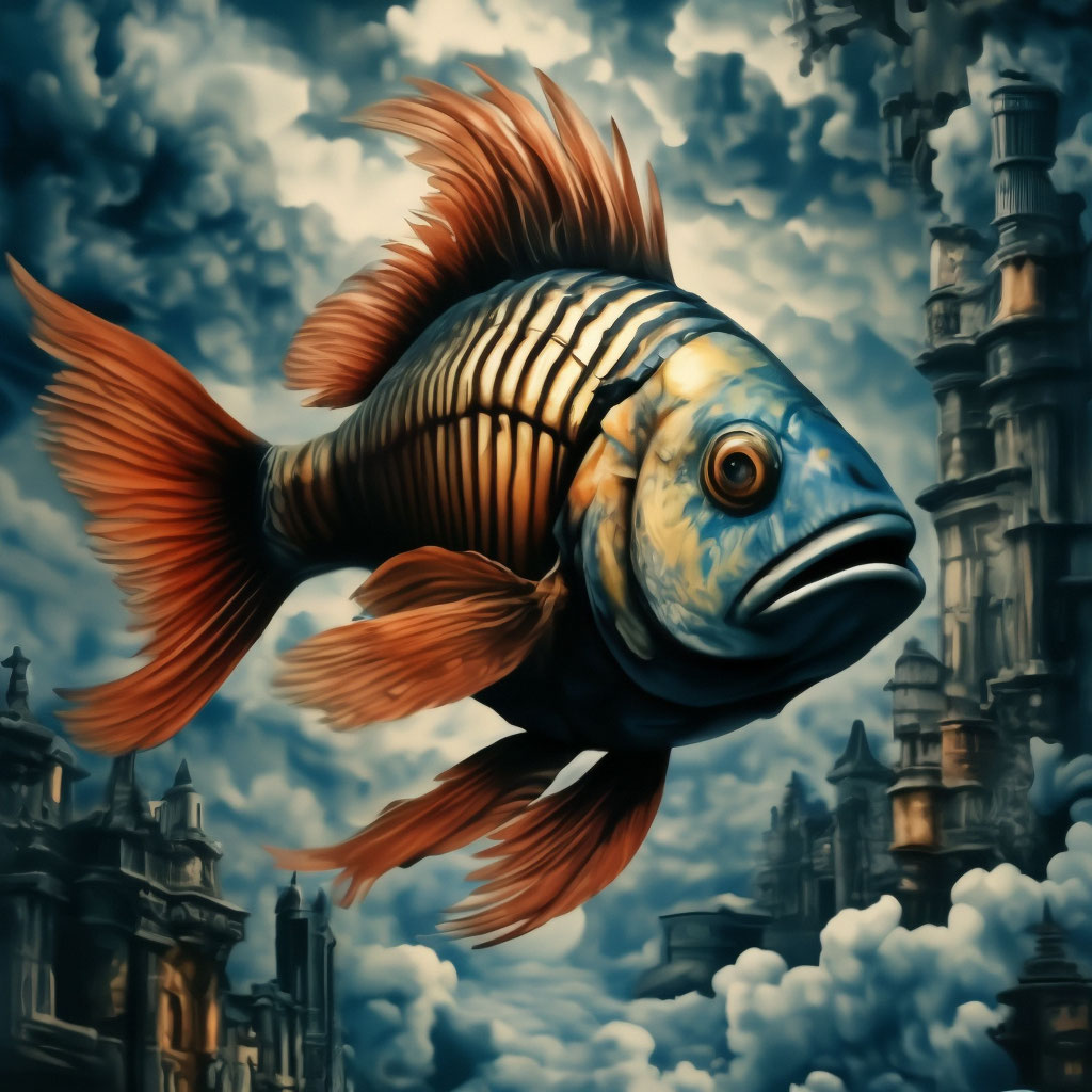 "Fish in the clouds, high detail, surrealism, random angle, watercolor ...