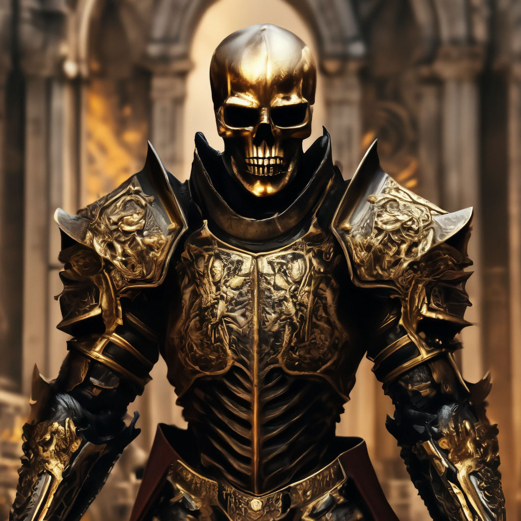 "A black and gold powerful skeleton with a chain in his hand in armor ...