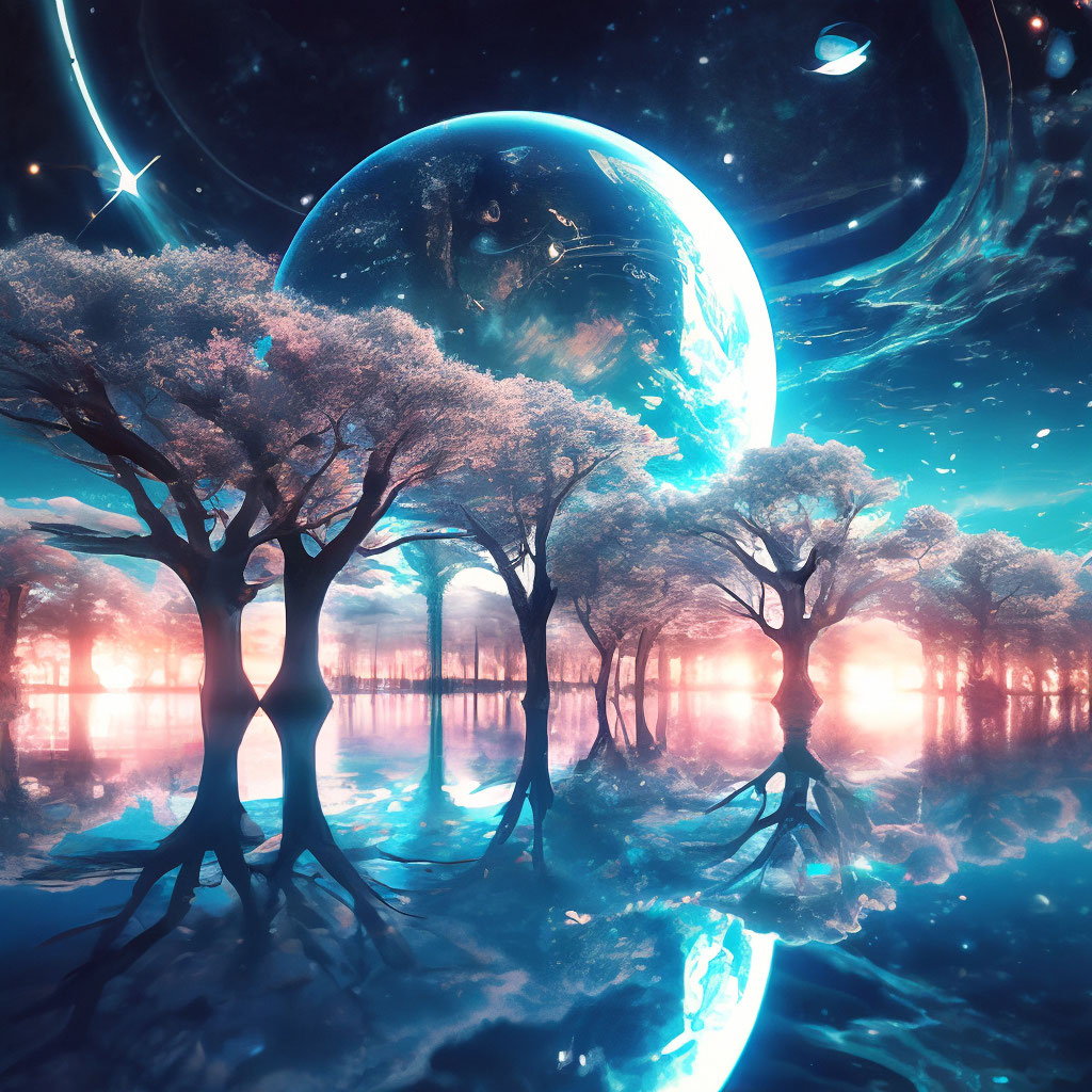 "Neuroart, futuristic, aqua nocturnal. trees with transparent crystal ...
