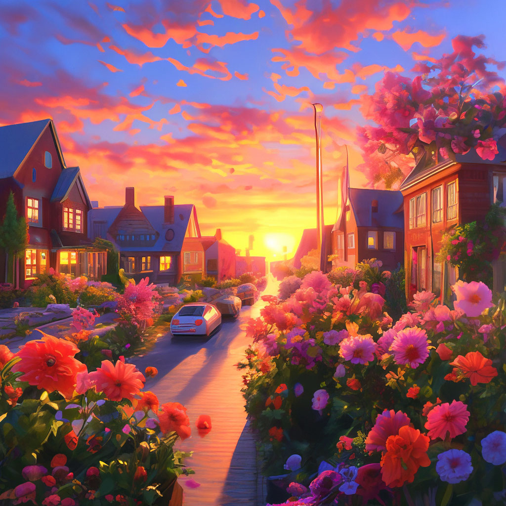 "A town in flowers, sunset, realism" — image created in Shedevrum