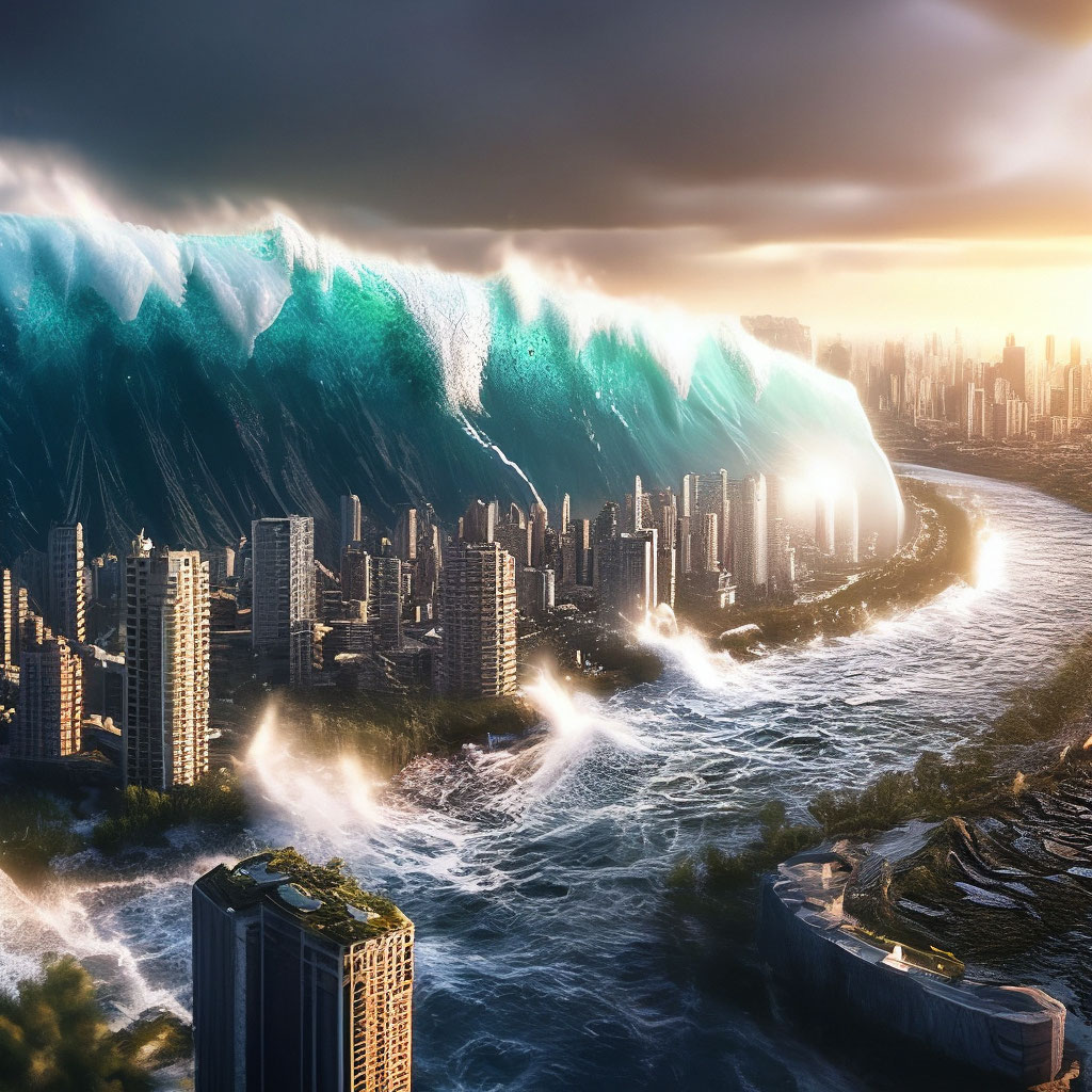 "A huge tsunami covers the urban continent. realistic, 4096k ...