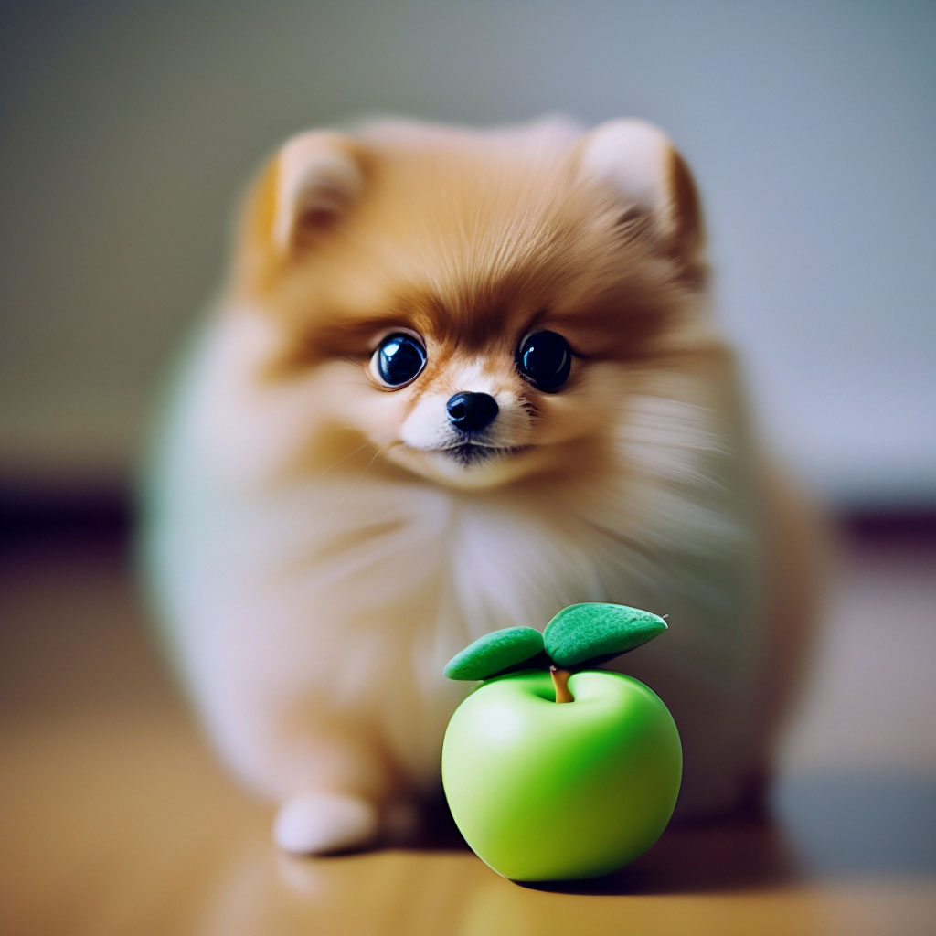 "Cute fluffy pomeranian green apple with big eyes" — image created in ...