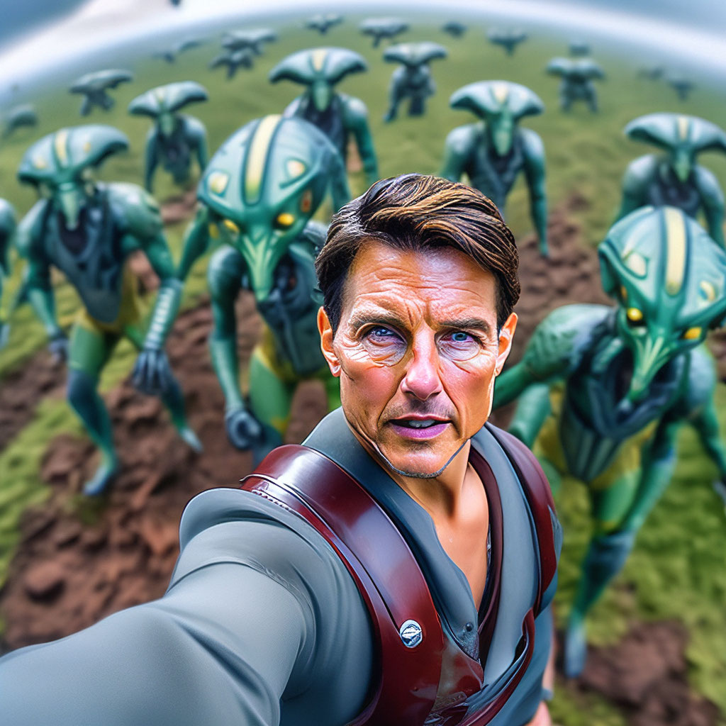 "Tom Cruise takes a selfie against the background of aliens from the ...