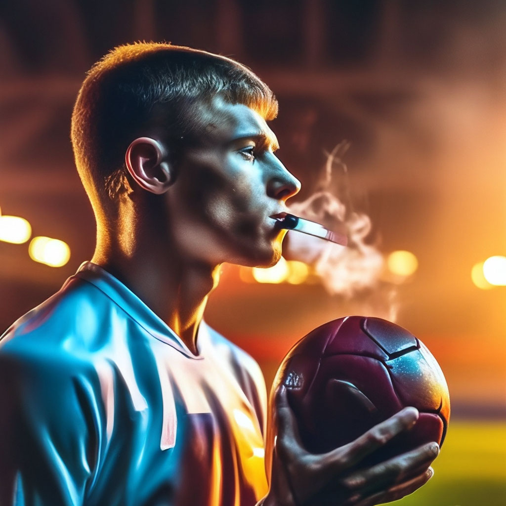 "Football player Alexey smokes a cigarette on the football field with a ...