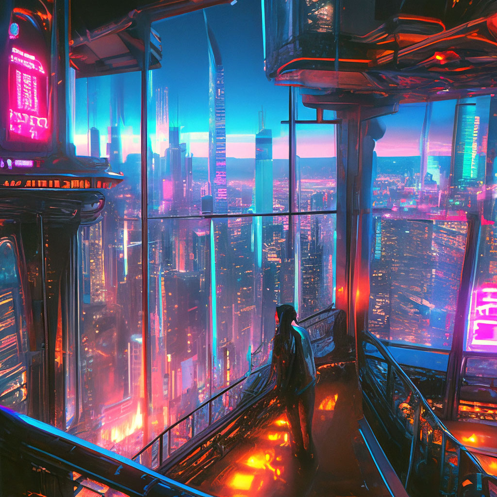 "Cyberpunk view from the roof of a skyscraper lots of glass neon trip ...