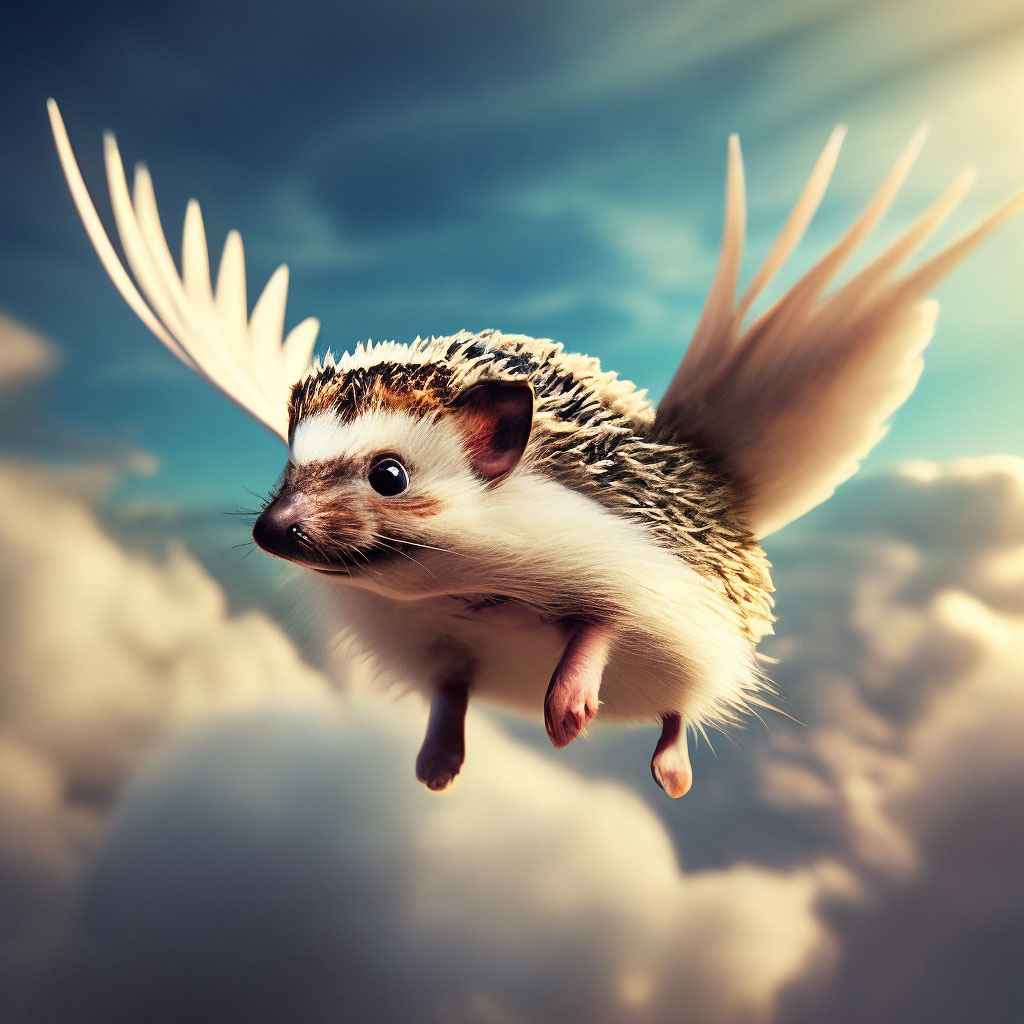 "A hedgehog with wings is flying" — image created in Shedevrum