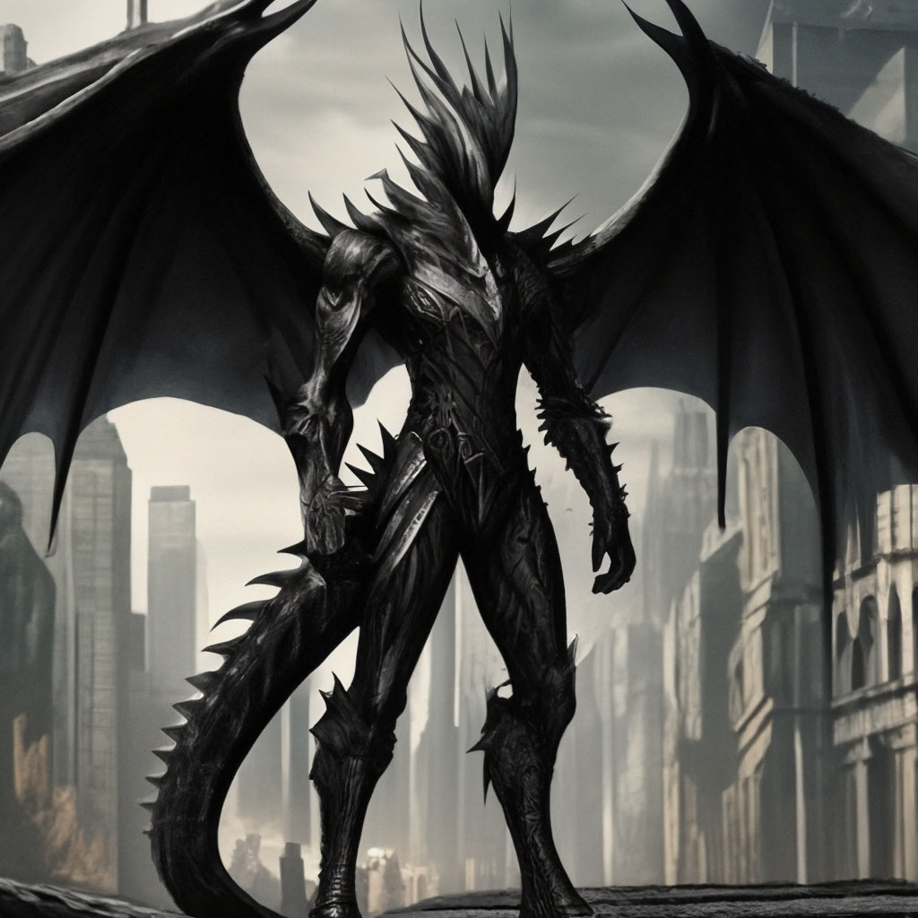 "A tall slender man with black scales dragon wings and a long tail ...