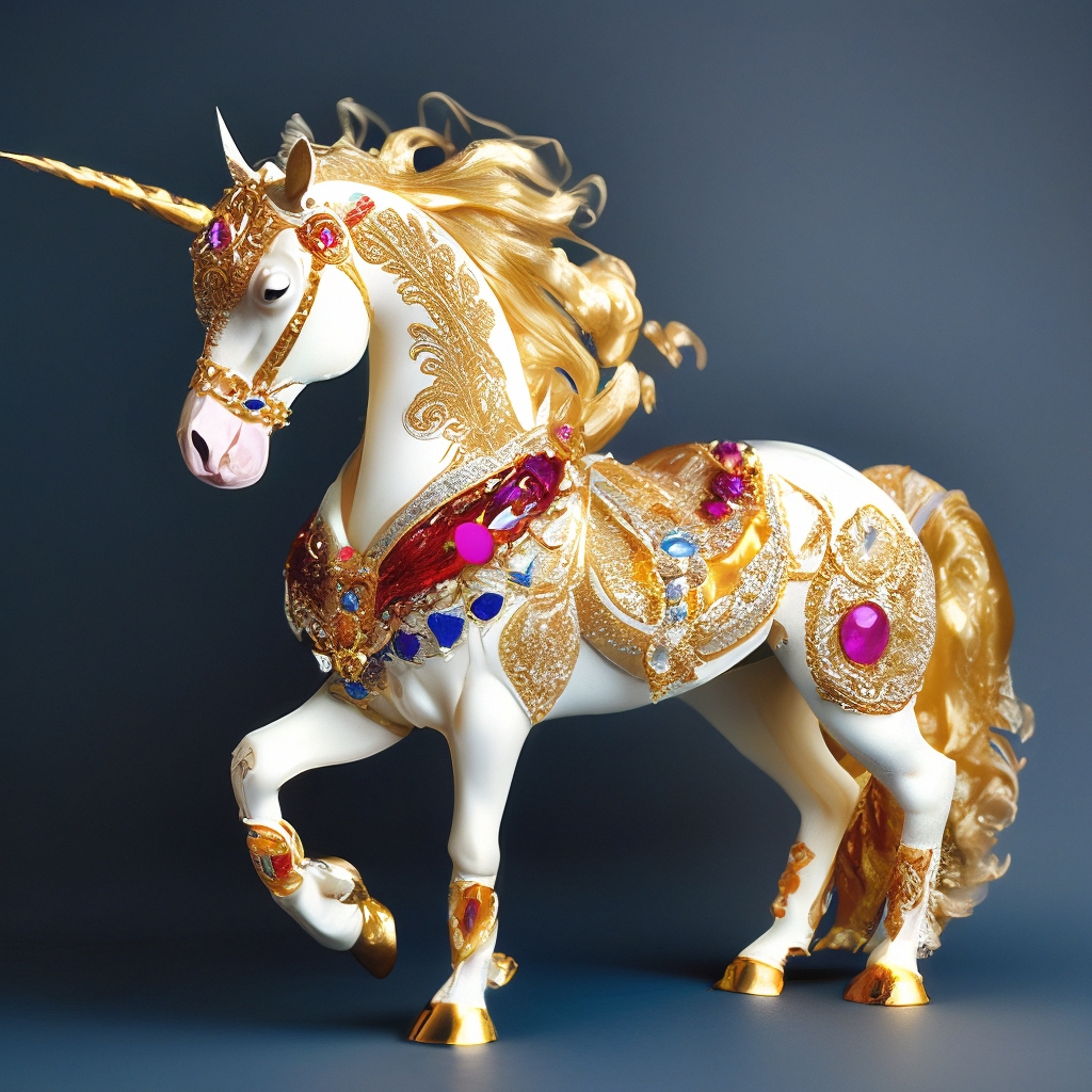 "Full-length top view 🦄 unicorn made of ivory and amber, rubies ...