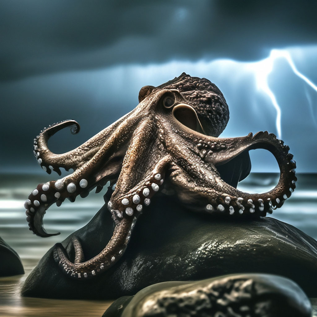 "Huge octopus🐙 on a rock by the sea around thunderstorm, lightning ...