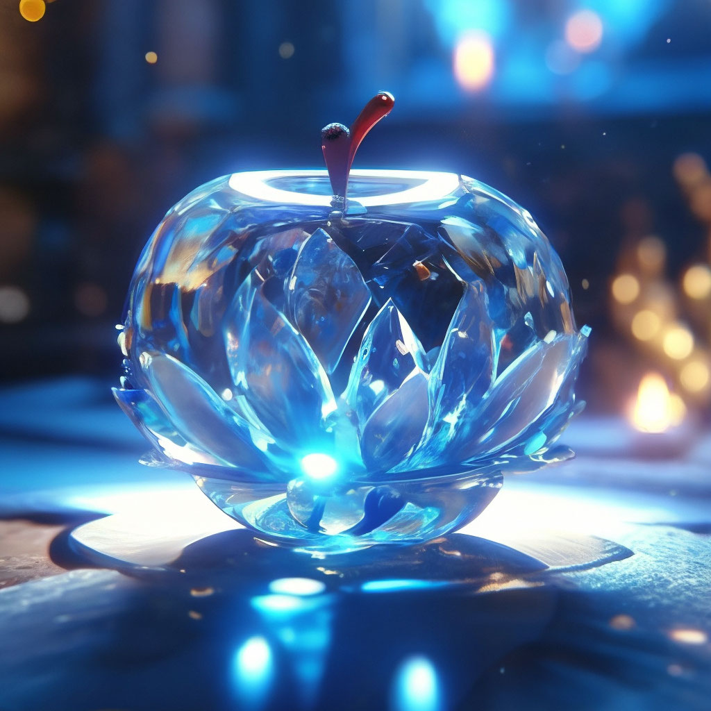"An epic crystal apple in which gas burns like a blue flower ...