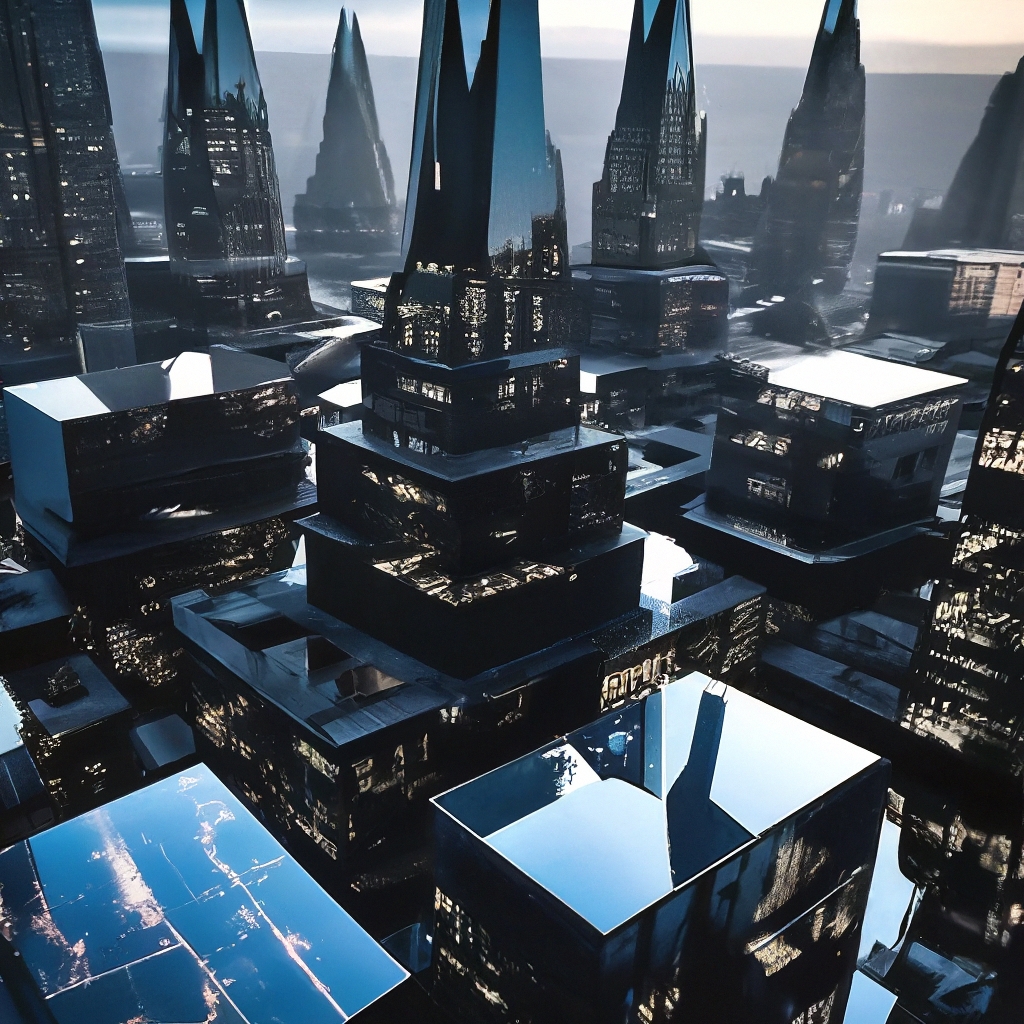 "Neo-Gothic city of skyscrapers covered with black mirrored obsidian ...