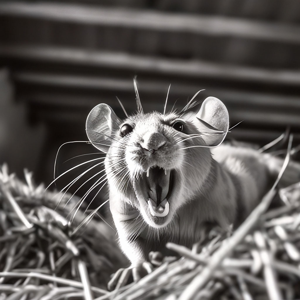 "Rabid, giant, bald rat with fangs in the hayloft, realistic ...