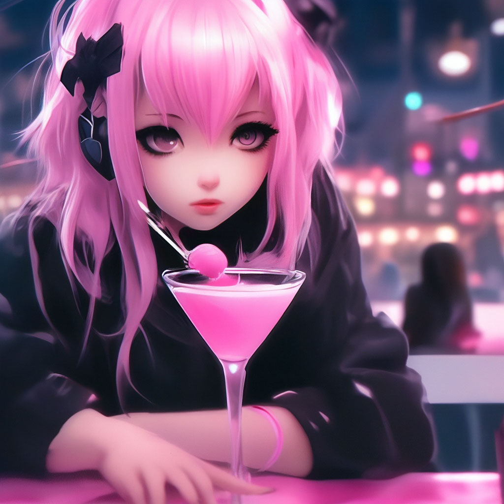 "Anime emo girl is very kawaii ,black and pink , drinking a pink ...