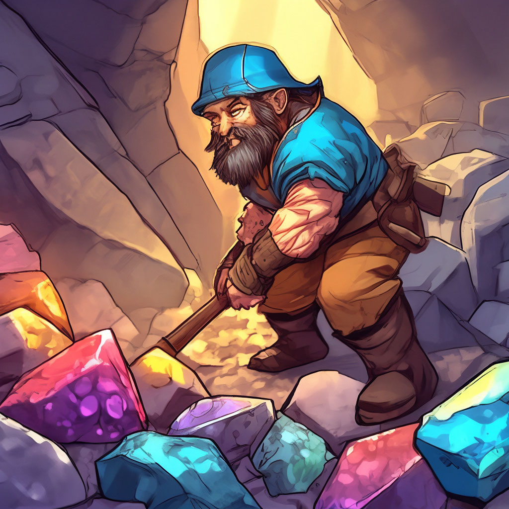 "⬛ a dwarf miner, hammering with a pickaxe on multicolored stones ...