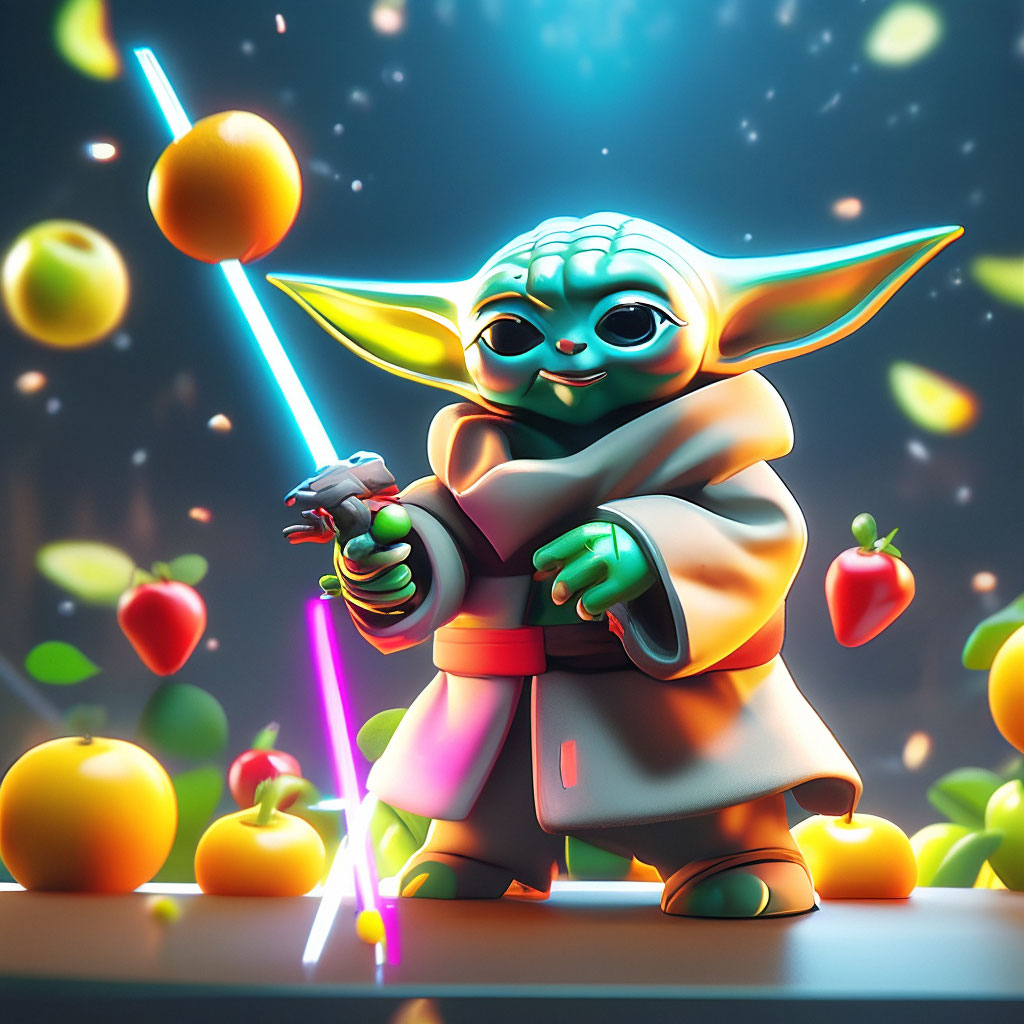 "Cartoon master Yoda cuts falling fruits with a laser sword in the game ...
