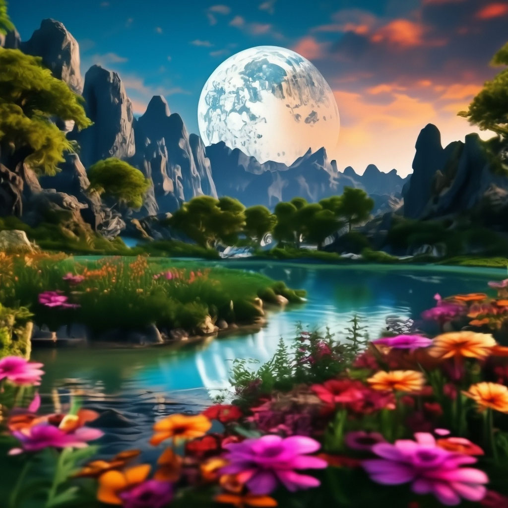 "A fantastic multicolored beautiful landscape with greenery and flowers ...