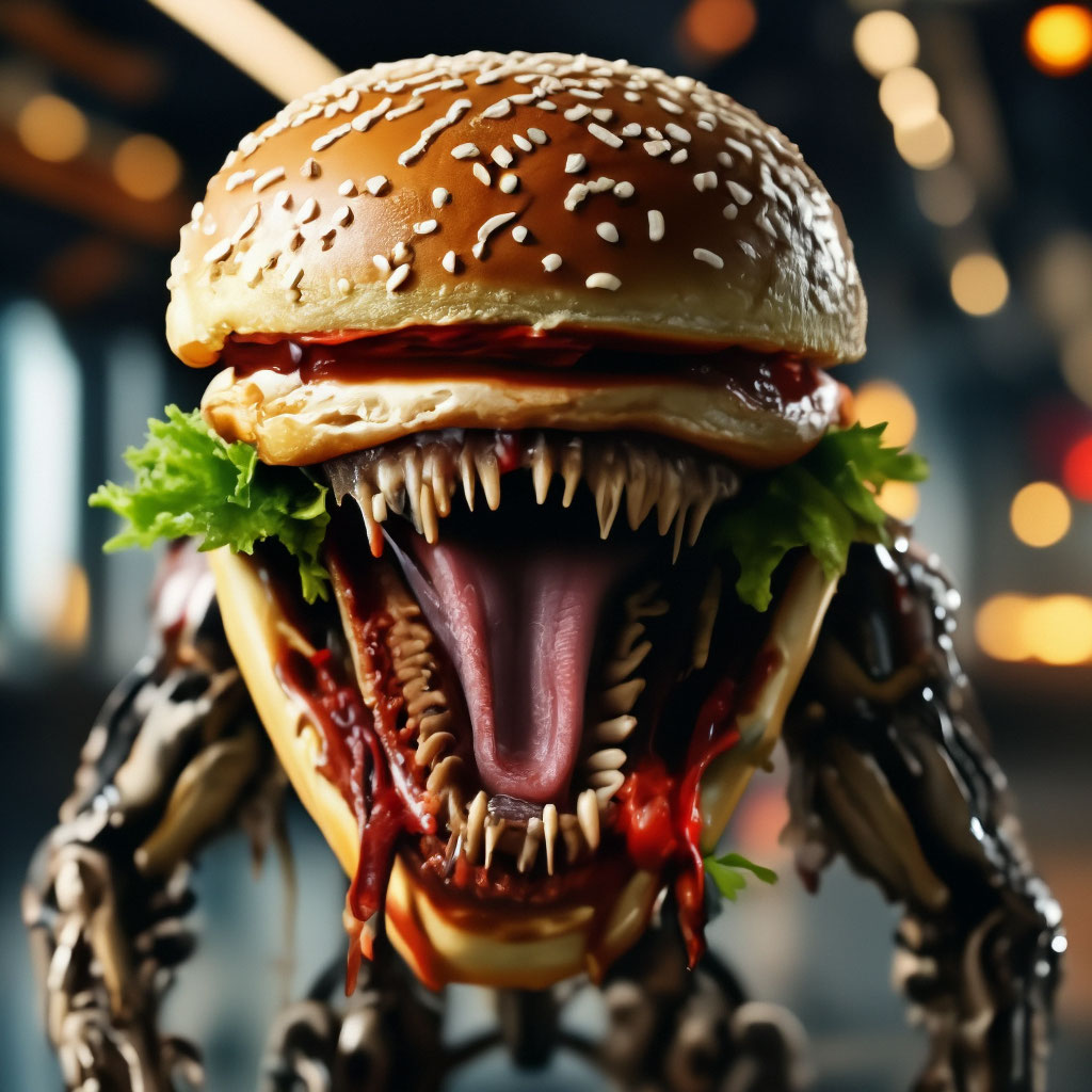"A live burger monster with teeth is scary creepy photorealism" — image ...