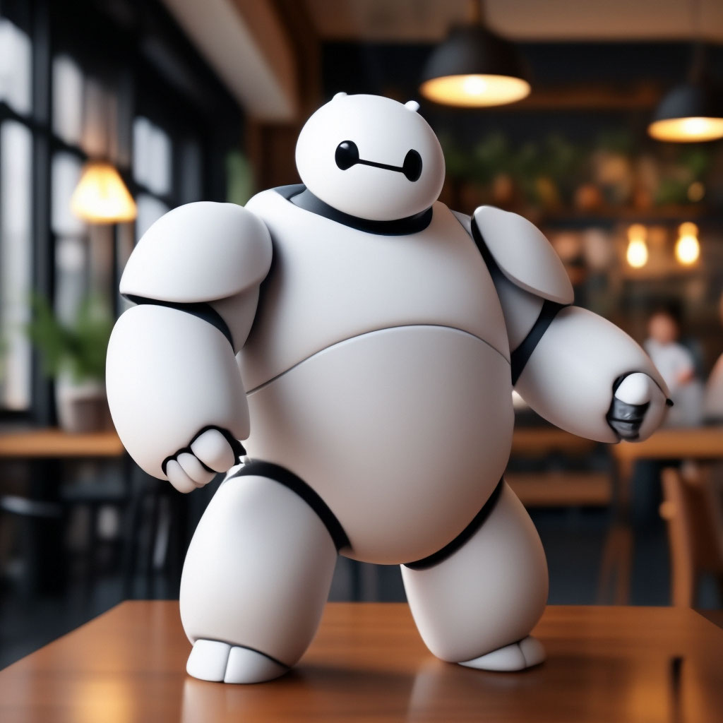 "Very cute baymax dancing in a cafe" — image created in Shedevrum