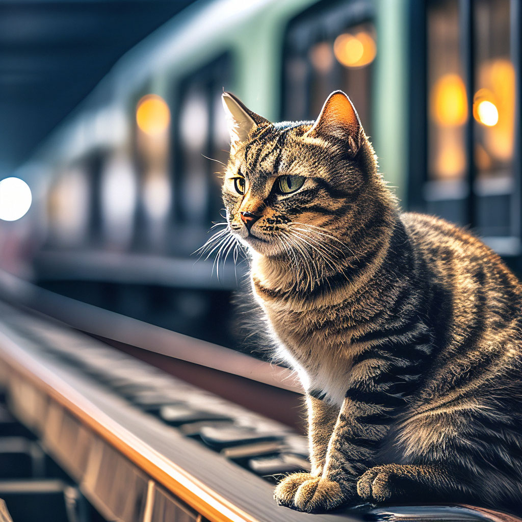 "The cat is sitting at the train station waiting for his master who ...