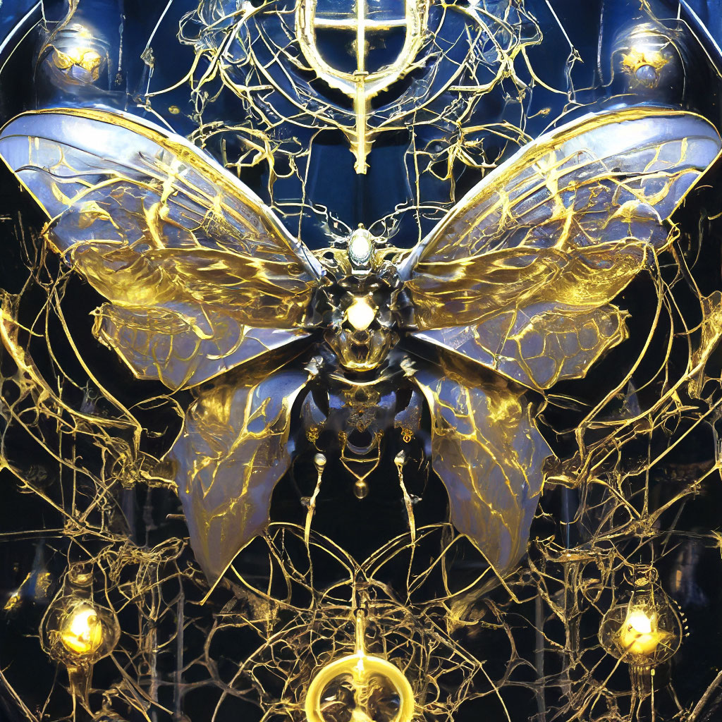 "Black Revelation, giant moth, golden filigree, alchemy, pearls ...