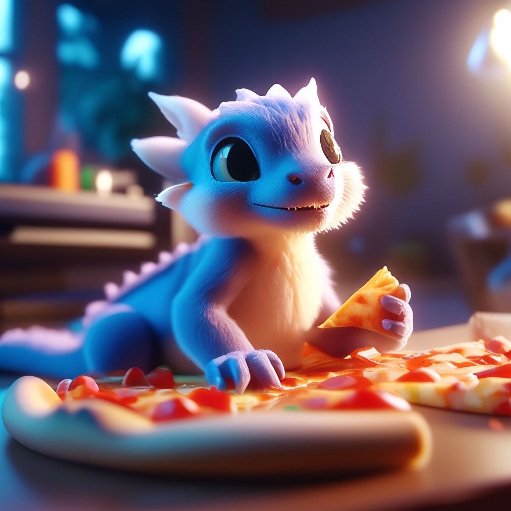 "Fluffy cute little dragon, sitting and eating pizza, beautiful ...