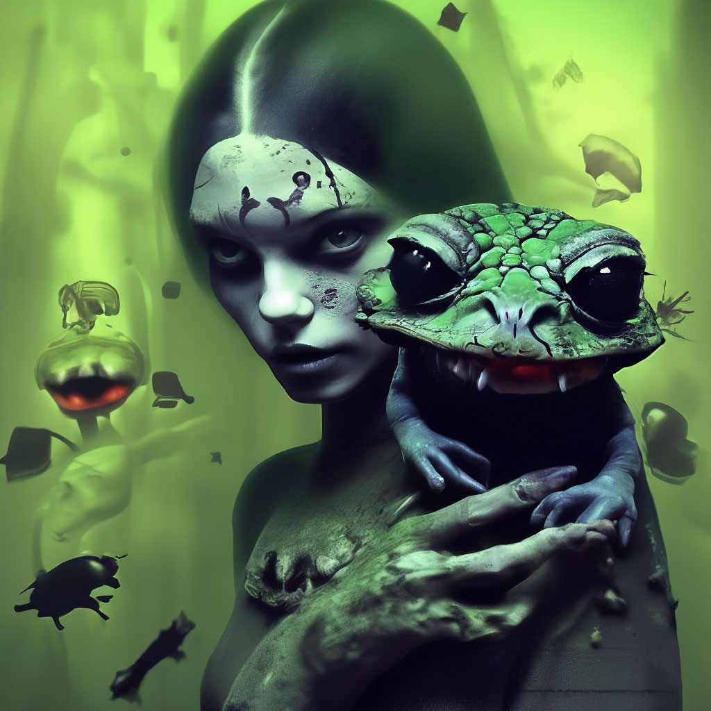 "Collage mutated 3d, beautiful zoontropy hybrid girl + connected +toad ...