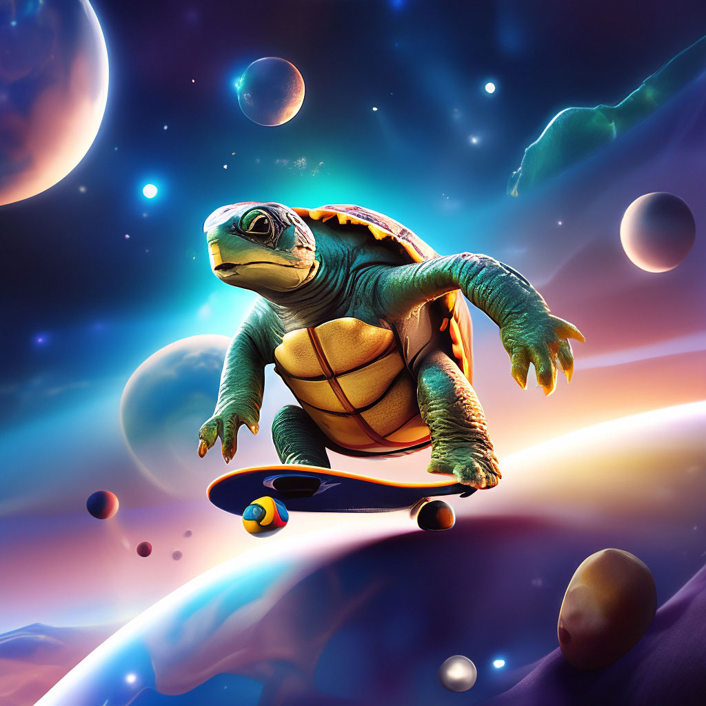"A turtle rides a skateboard on the planet Neptune, in the background ...