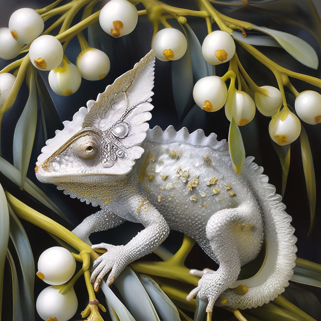 "Silver chameleon, white mistletoe berries" — image created in Shedevrum