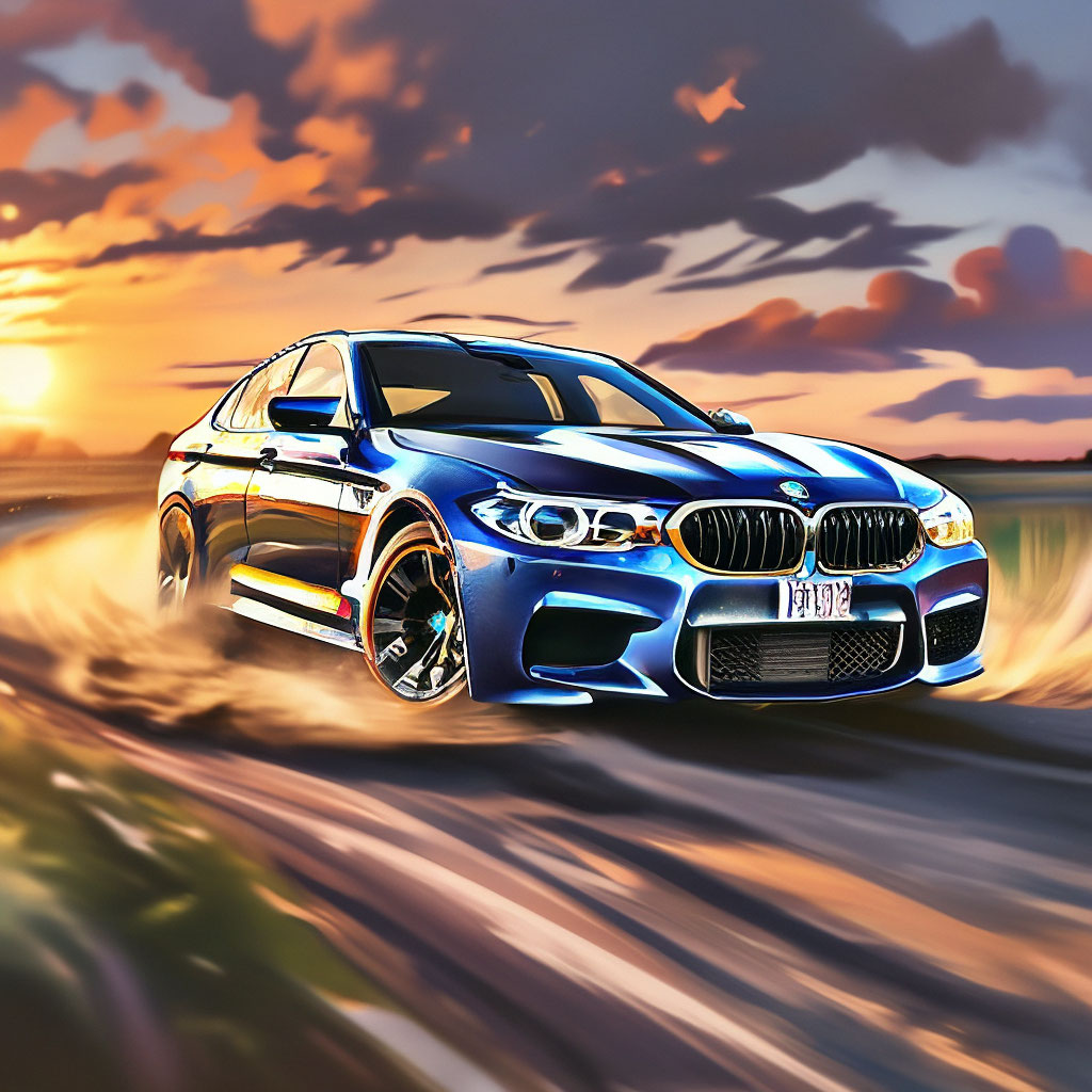 "BMW m5 compact, goes into drift, against the background of sunset ...