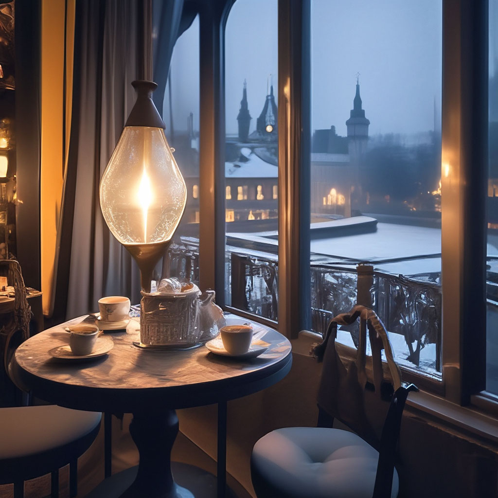 "A cozy cafe, a table near the window, elegant furniture, an openwork ...
