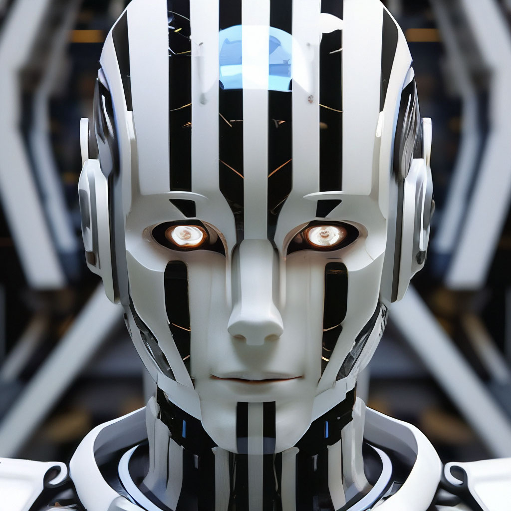 "(a close up of a robot head with black and white stripes:1.3), (smile ...