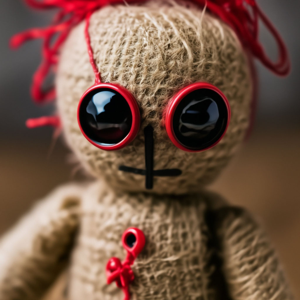 "A voodoo doll.Button eyes,sewn from burlap, stuffed with hay,red ...