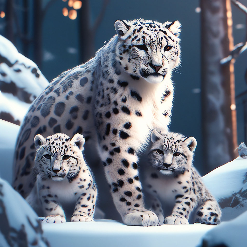 "Snow leopard with cubs in the wild. aesthetically pleasing. pixel ...