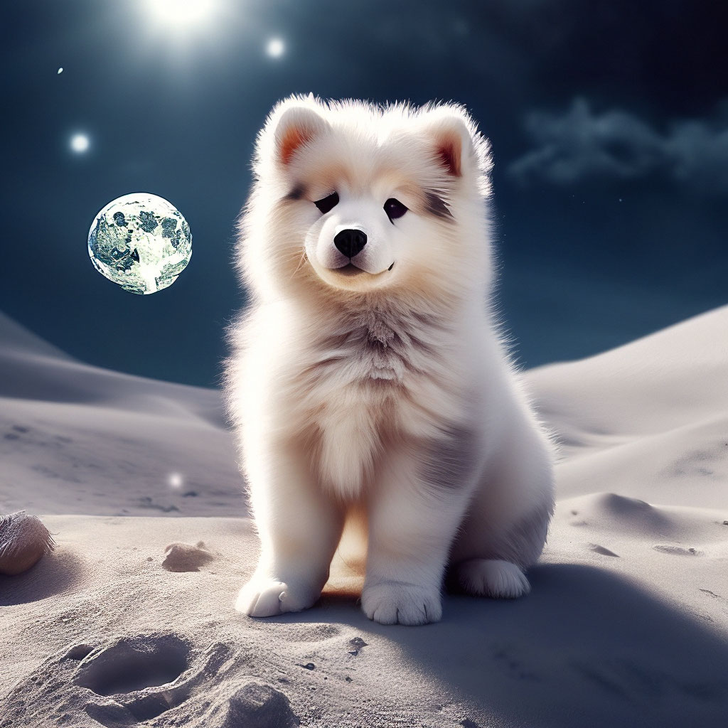 "Really a very fluffy beautiful puppy on the moon" — image created in ...