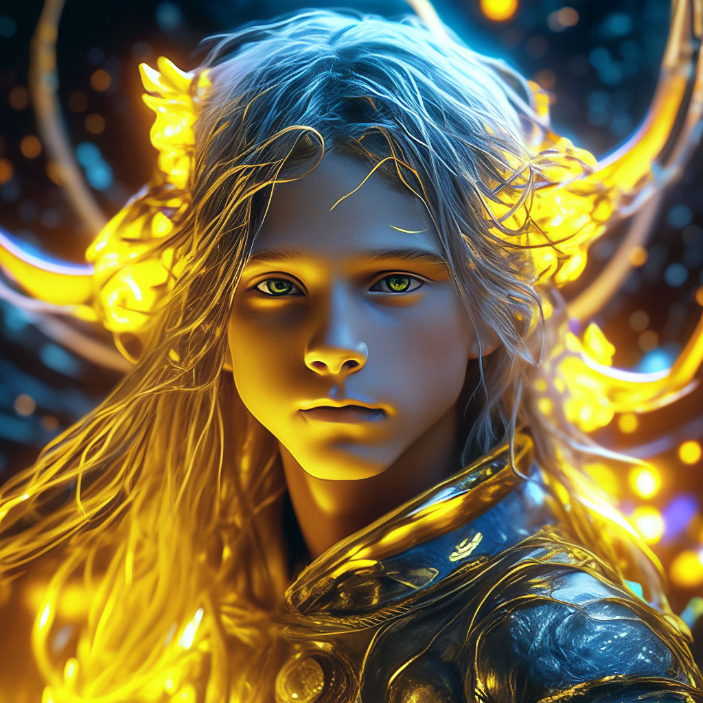 "Alien handsome boy with long hair, consists of fractals, fairy elf ...