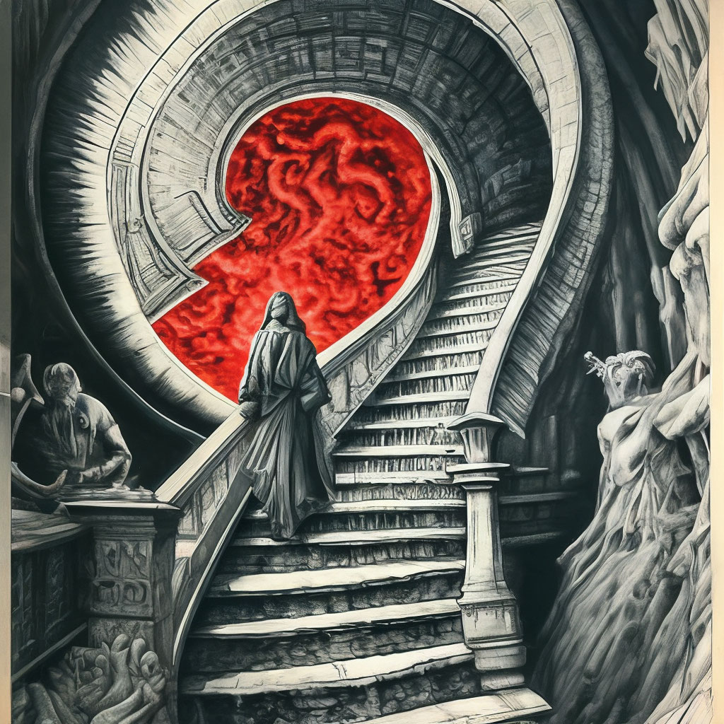 "Descent into Hell. Dante and Virgil walk down an endless spiral ...