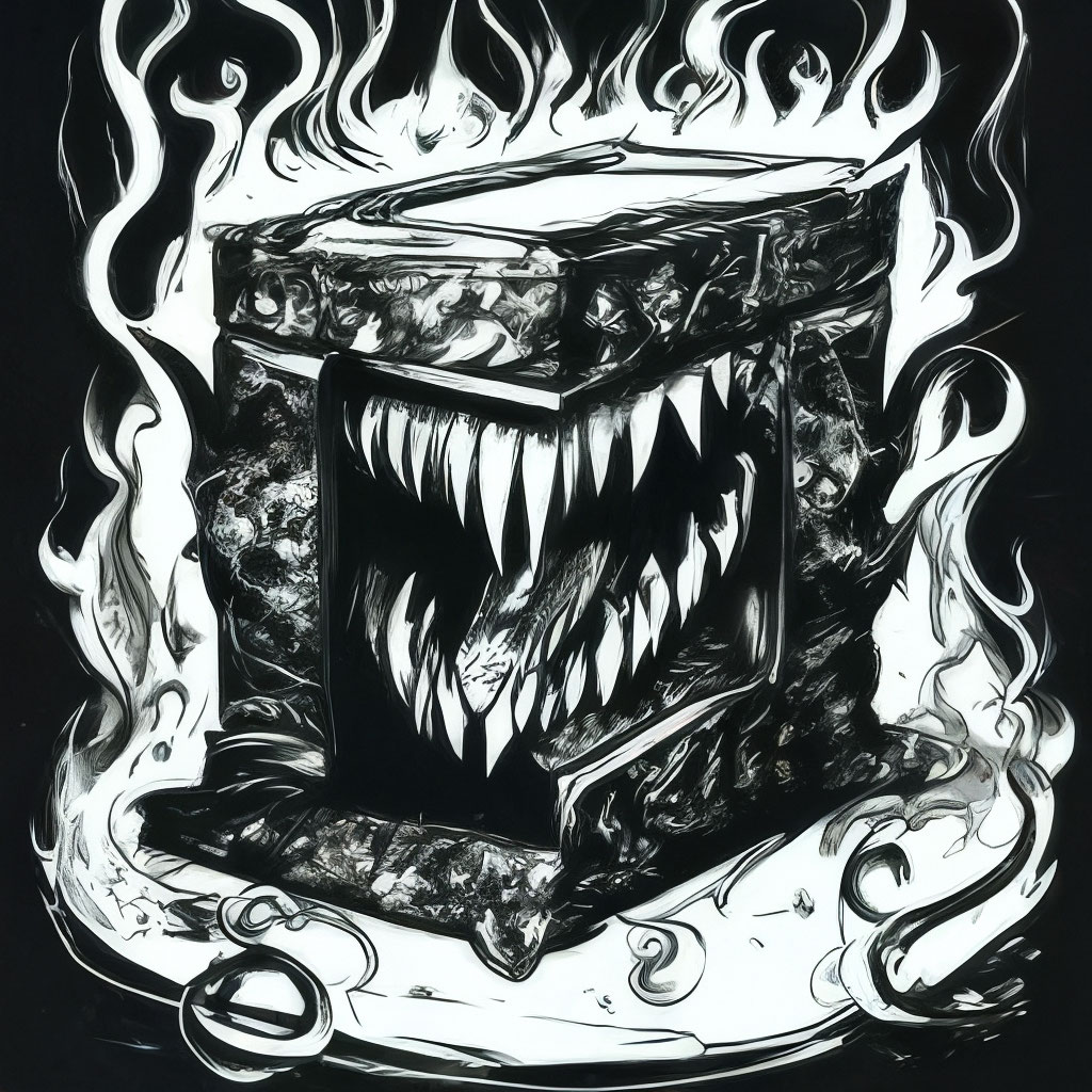 "Mimic chest from the ink hell, sharp fangs protrude from the slightly ...